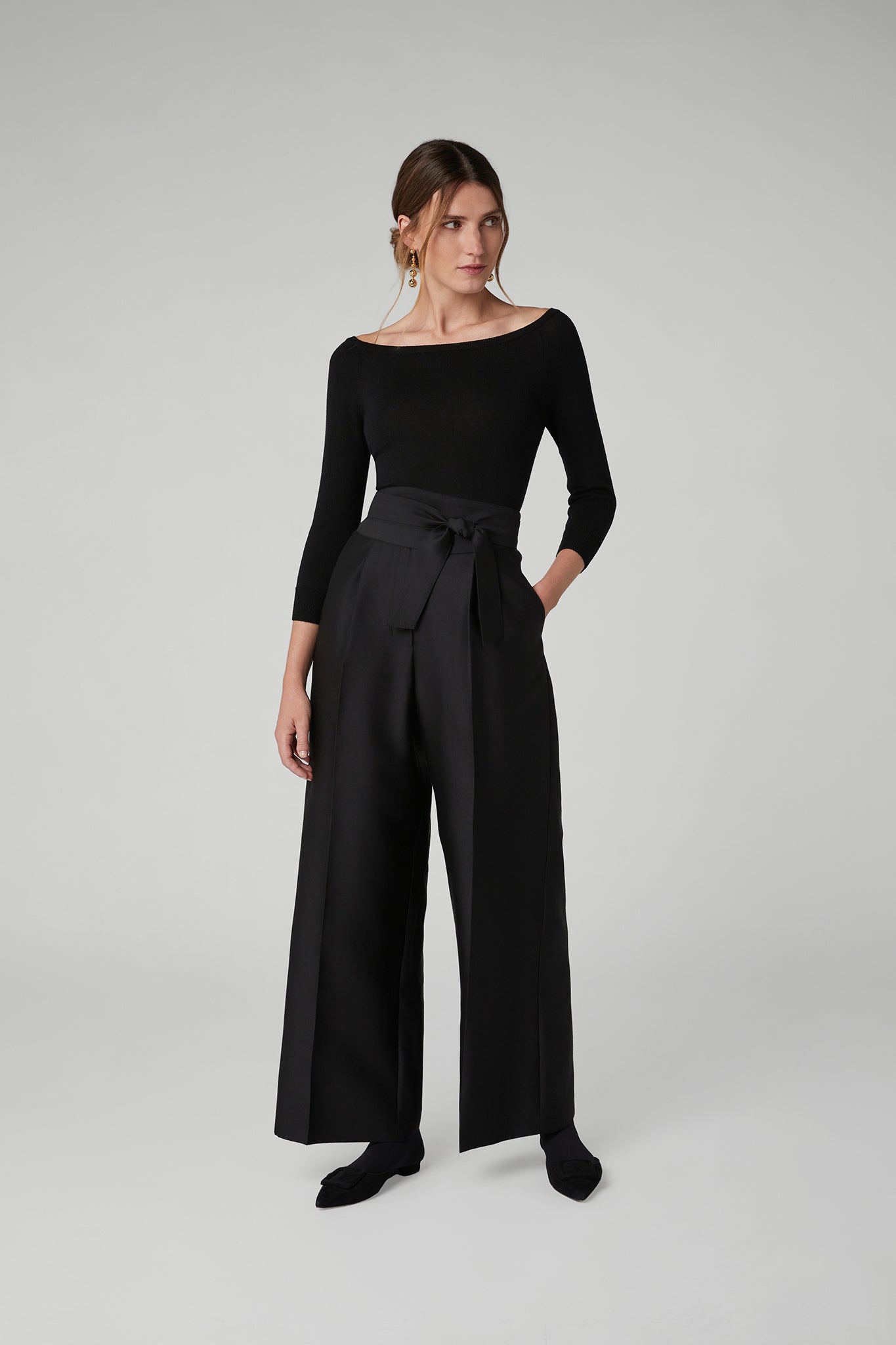 Jasper Conran "Imogen" Wool Silk Wide Leg Trousers in Black – Destiny